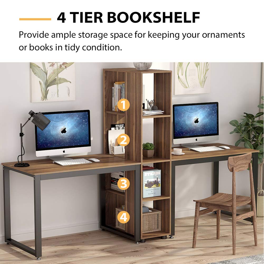Tribesigns 91 inch Two Person Desk with Storage Shelves, Extra Long Double Desk with Bookshelf, 2 Person Computer Desk Double Workstation Desk for Home Office (Dark Walnut)