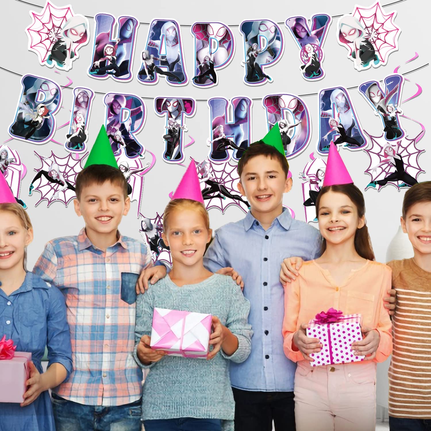 Spider Girl Party Supplies Spider Gwen Happy Birthday Banner Hanging Swirls for Ghost Spider Birthday Decorations