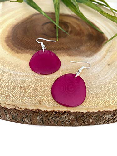 Tagua Earrings in Fuchsia Pink, Vegetable Ivory Dangle Earrings TAG272, Organic Earrings, Tagua Earrings in Pink
