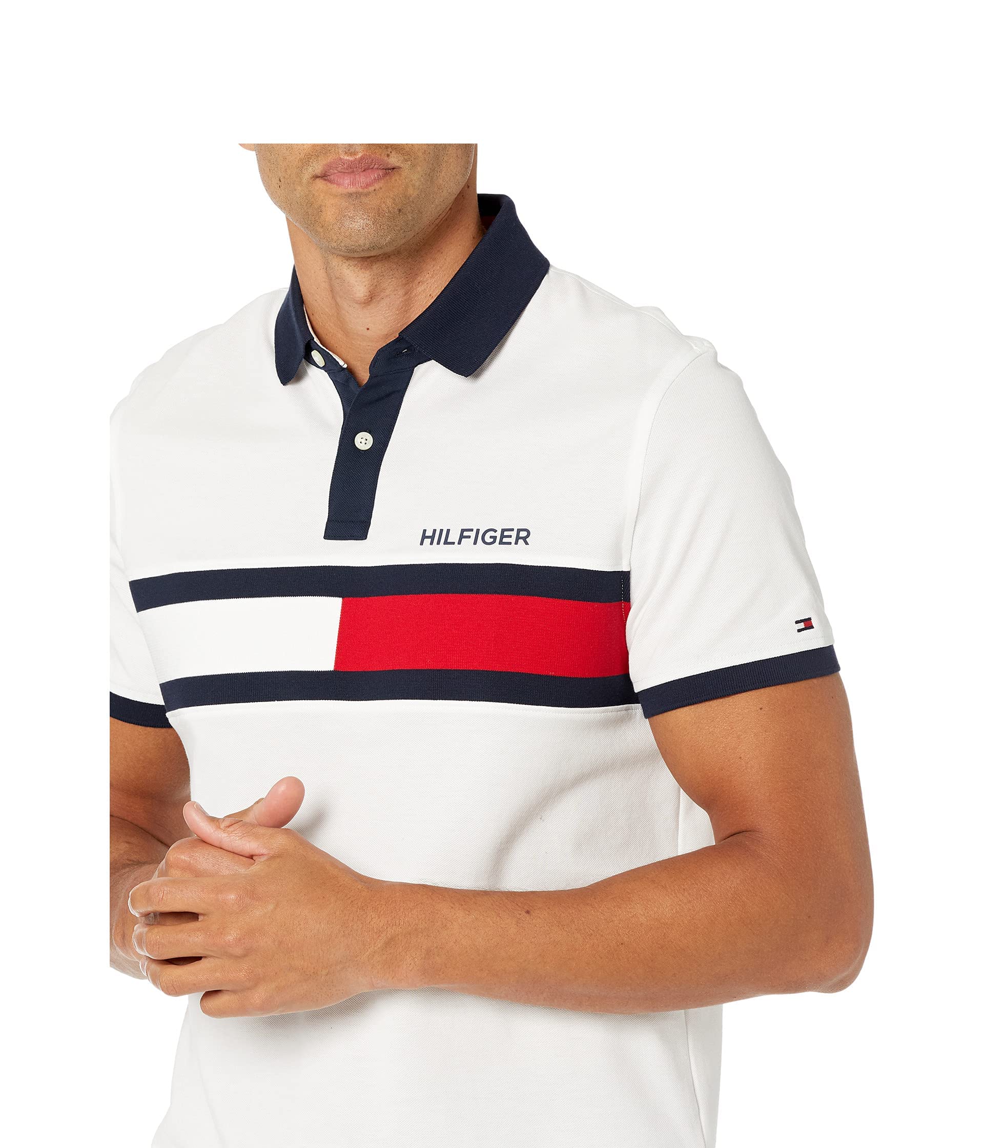Tommy Hilfiger Men's Short Sleeve Cotton Pique Flag Polo in Regular Fit, BRIGHT WHITE, X-Large