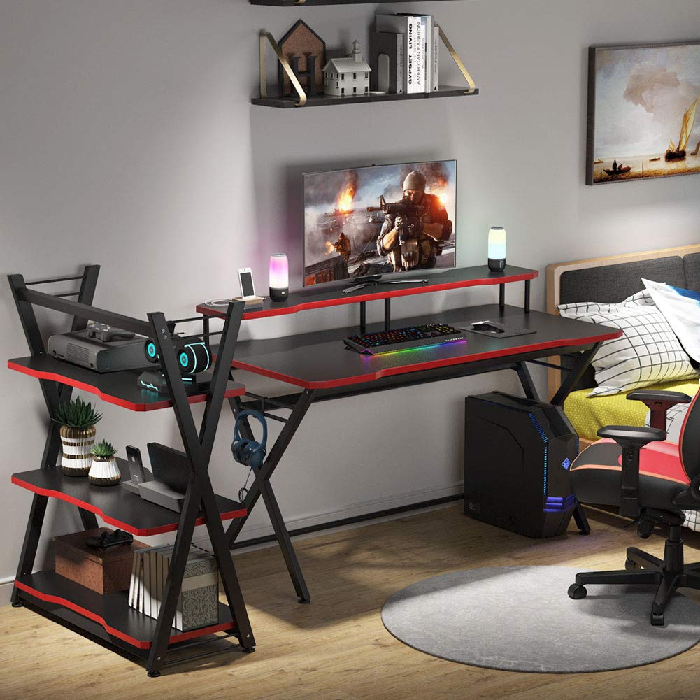 Tribesigns 55 inch Large Gaming Desk for 2 Monitors, Ergonomic PC Gaming Table Gamer Computer Desk with Monitor Stand and Headphone Hook for Home Office