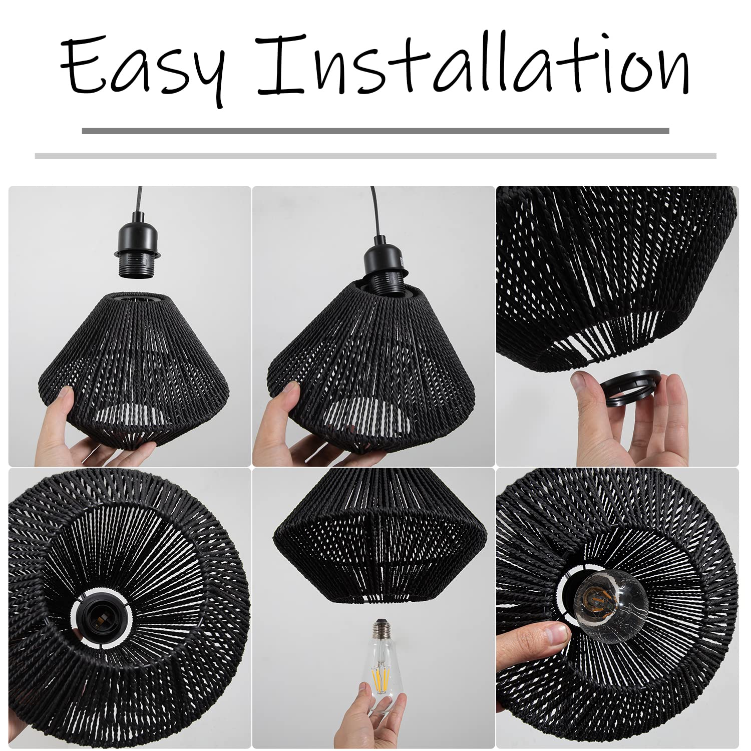 YongMing CL Black Woven Plug in Pendant Light Fixture, 9.65ββ Rustic Farmhouse Pendant Hanging Light with Plug in Cord & On/Off Switch for Kitchen Island Living Dining Room Bedroom Foyer