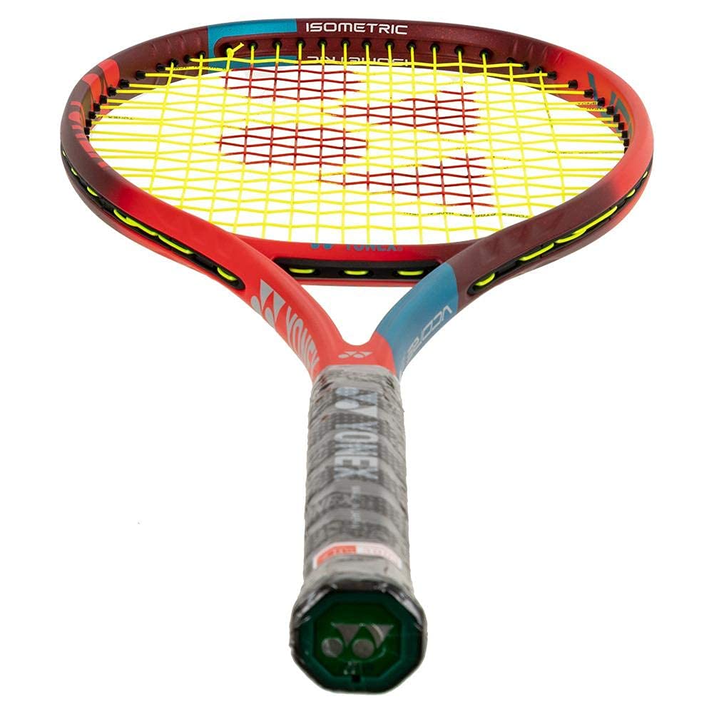 YONEX VCORE 100+ 6th Gen Tango Red Tennis Racquet (4 1/2" Grip) Strung with Black Synthetic Gut Racket String - 16x19 String Pattern