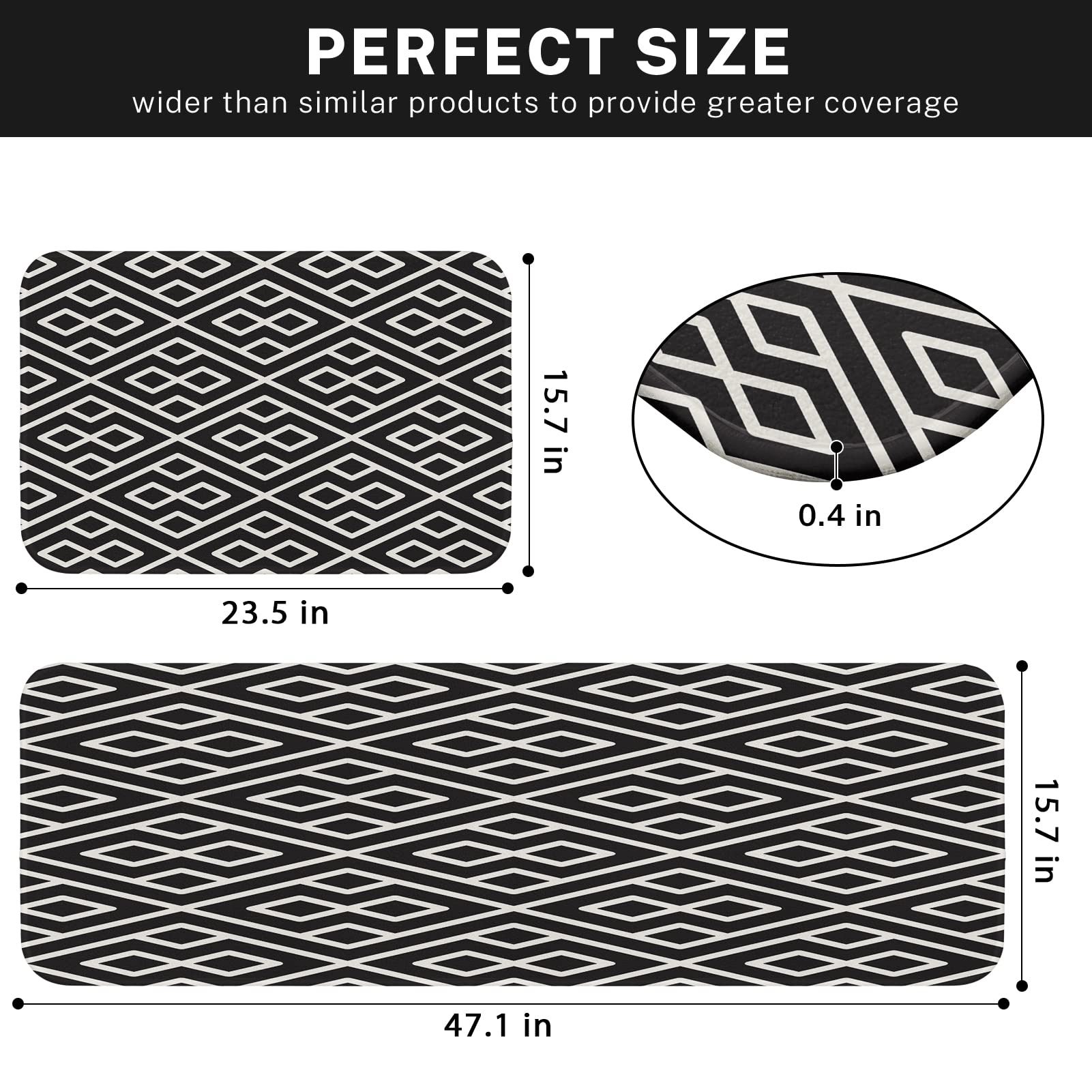 Tayney Black Geometric Kitchen Rugs and Mats Non Skid Washable Set of 2, Grid Diamond Kitchen Runner Rug, Modern Abstract Under Sink Mats for Kitchen Floor Decor