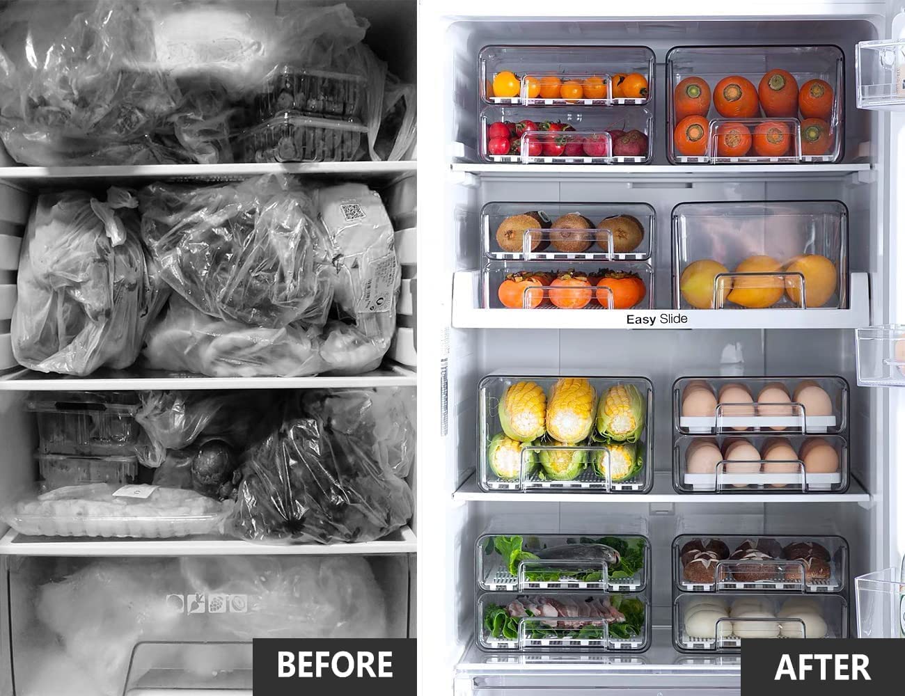 YouLike 2pack Stackable Fridge Drawers Pull Out Bins for Refrigerator Organizer Clear Food Storage Container Set With Drain for Pantry Kitchen Cabinet Office Organization