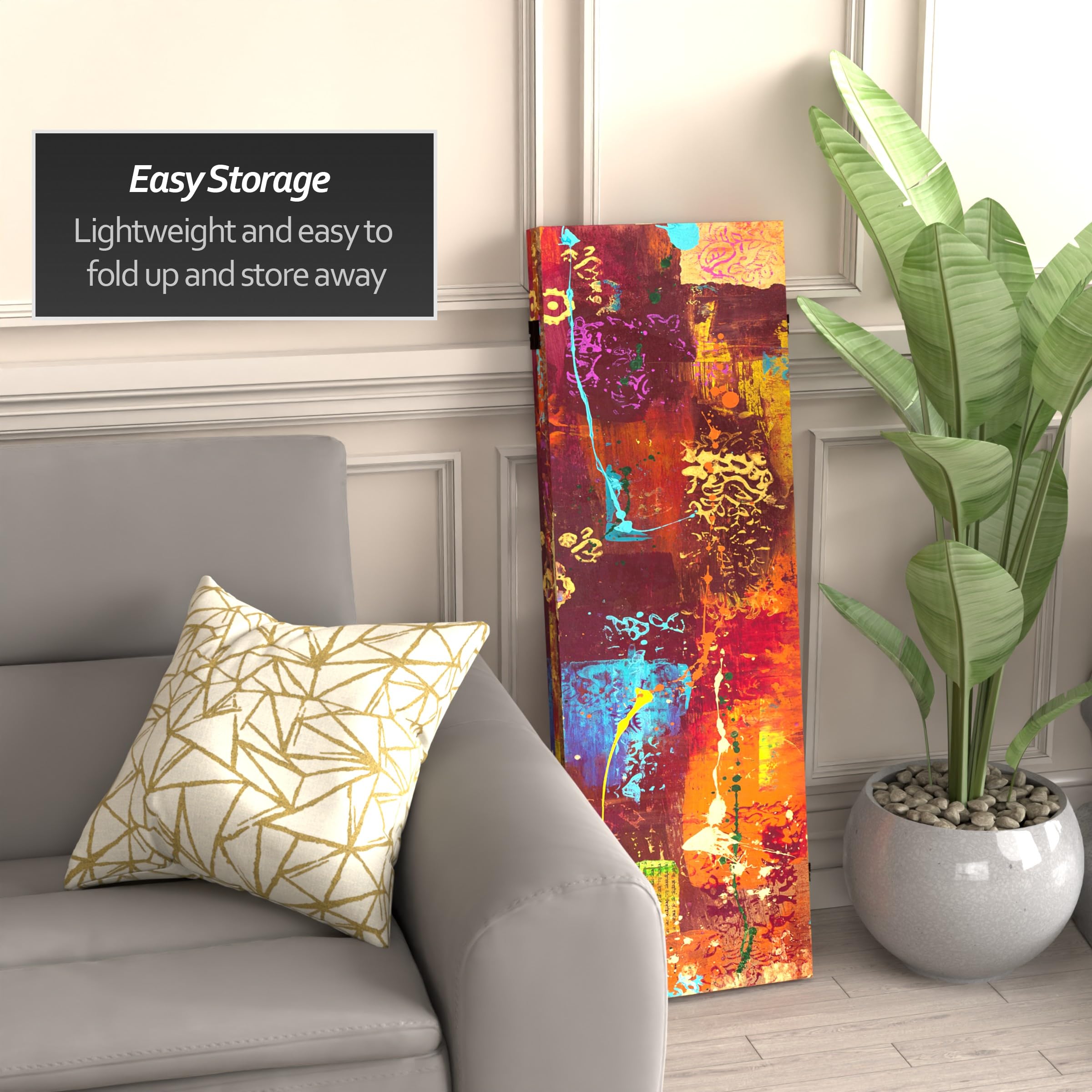 Red Lantern 4 ft. Short Double Sided India Canvas Folding Screen 3 Panel Freestanding Partition and Separator for Modern and Contemporary Bedroom, Home Office, Studio, Dorm, Apartment