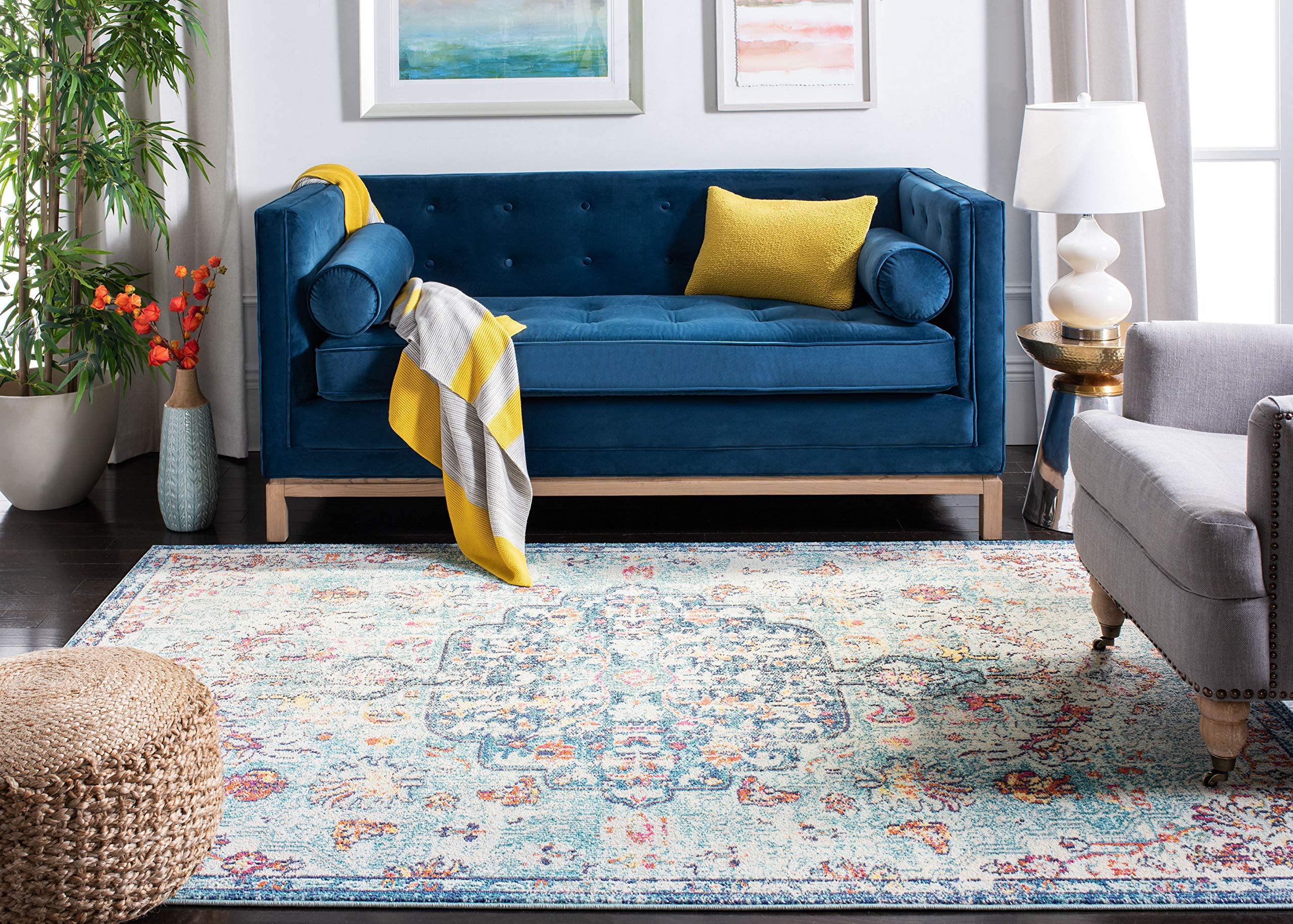 SAFAVIEH Madison Collection Area Rug - 9' x 12', Navy & Light Blue, Boho Chic Medallion Distressed Design, Non-Shedding & Easy Care, Ideal for High Traffic Areas in Living Room, Bedroom (MAD447K)