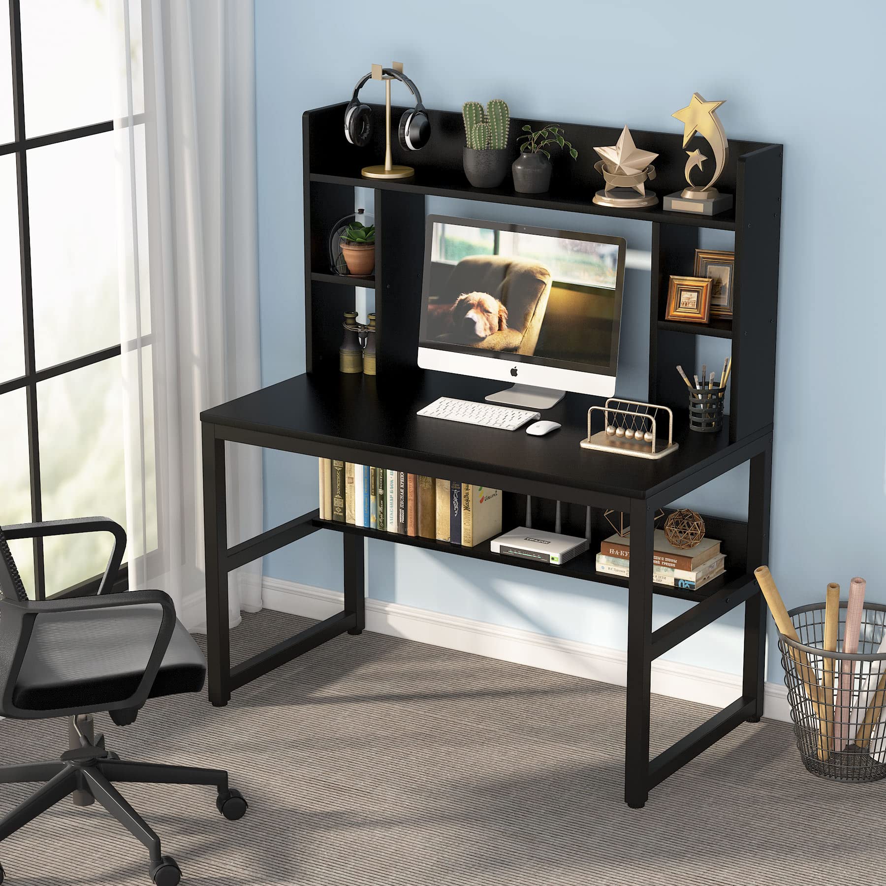 TRIBESIGNS WAY TO ORIGIN Computer Desk with Hutch, 47 Inch Modern Writing Desk with Storage Shelves, Office Desk Study Table Gaming Desk Workstation for Home Office, Black