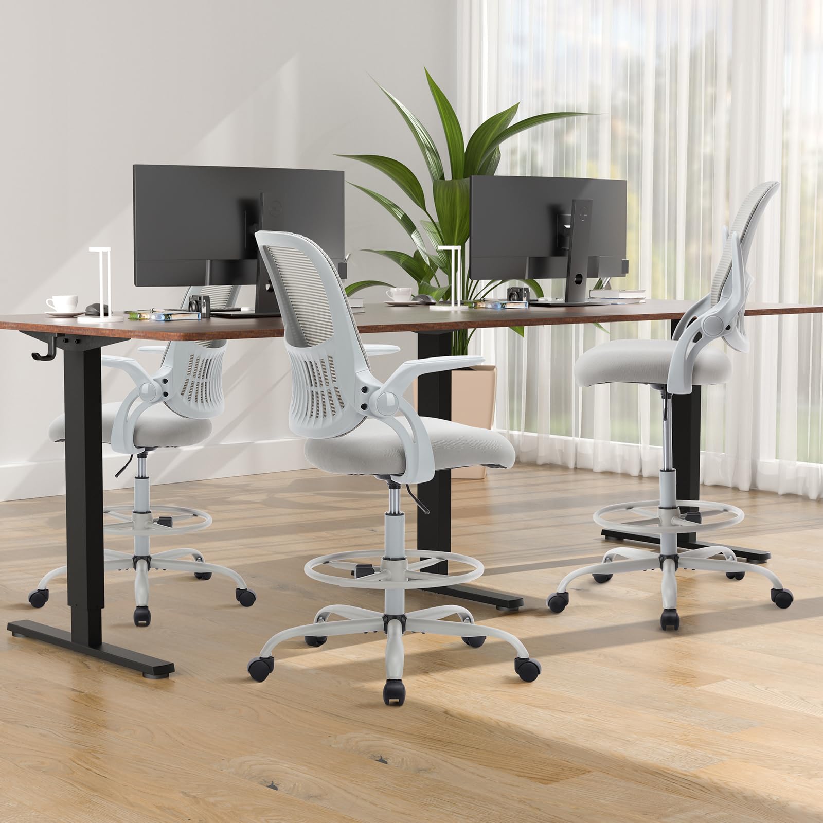 SMUG Drafting Chair, Tall Office Chair Tall Standing Desk Chair Counter Height Adjustable Office Chair with Flip-up Arms, Mid Back Mesh Office Drafting Chairs, Grey