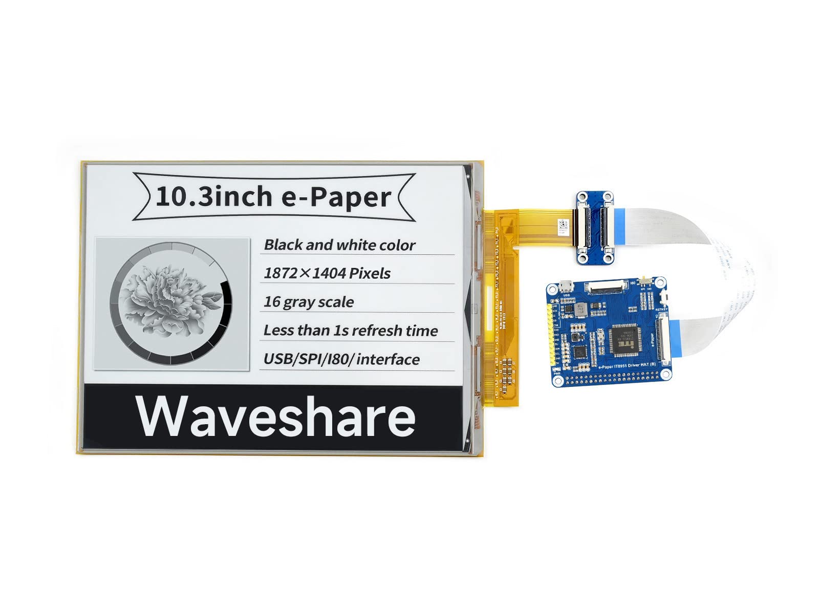 waveshare 10.3inch Flexible E-Ink Display HAT Compatible with Raspberry Pi4B/3B+/3B/2B/B+/A+/Zero/Zero W/WH/Zero 2W 1872×1404 Resolution USB/SPI/I80 Interface Supports Partial Refresh
