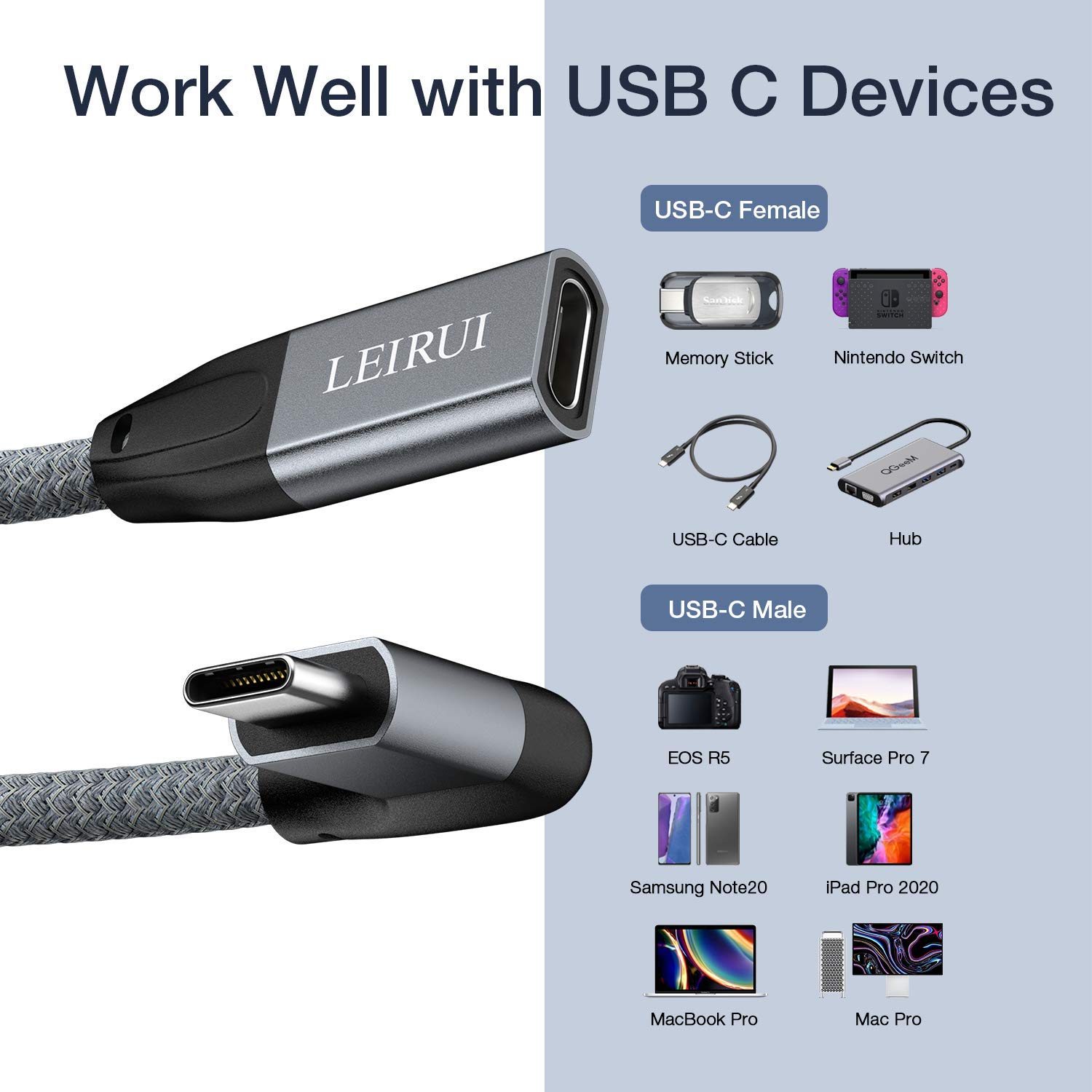 USB C Extension Cable Right Angle 1.65 Feet, 90 Degree USB 3 10Gbps Data Type C Extension Video Cable Fast Charging Cable Compatible for iPhone 15/15 Pro, Thunderbolt 3 MacBook Pro, Samsung S10 S9