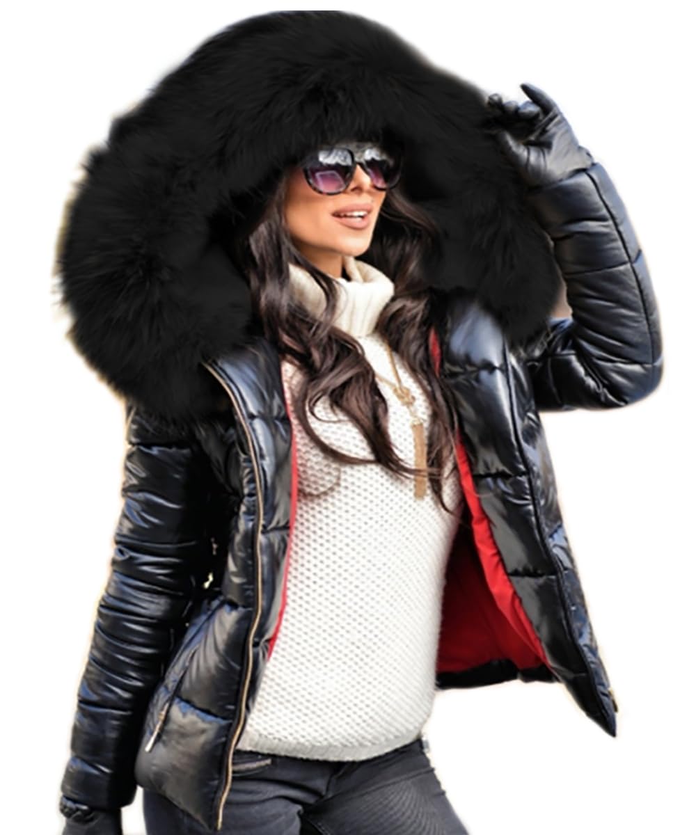 tiptupu Women's Winter Thicken Coat Lightweight Short Down Jacket Quilted Parka with Fur Hood (as1, alpha, m, regular, regular, Black Black)