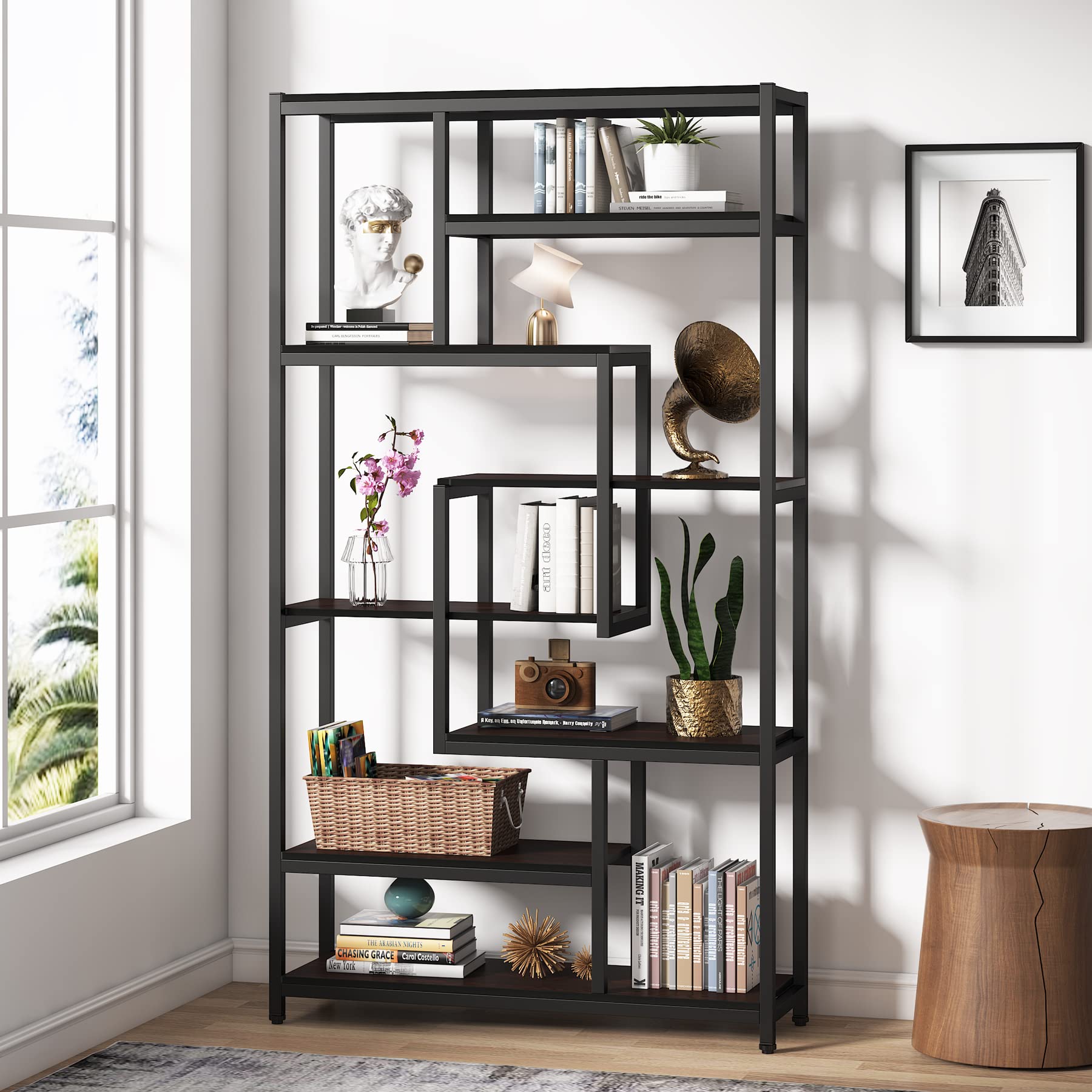 Tribesigns 8-Shelves Staggered Bookshelf, Rustic Industrial Etagere Bookcase for Office, Vintage Book Shelves Display Shelf Organizer for Home Garden (Rustic Brown)