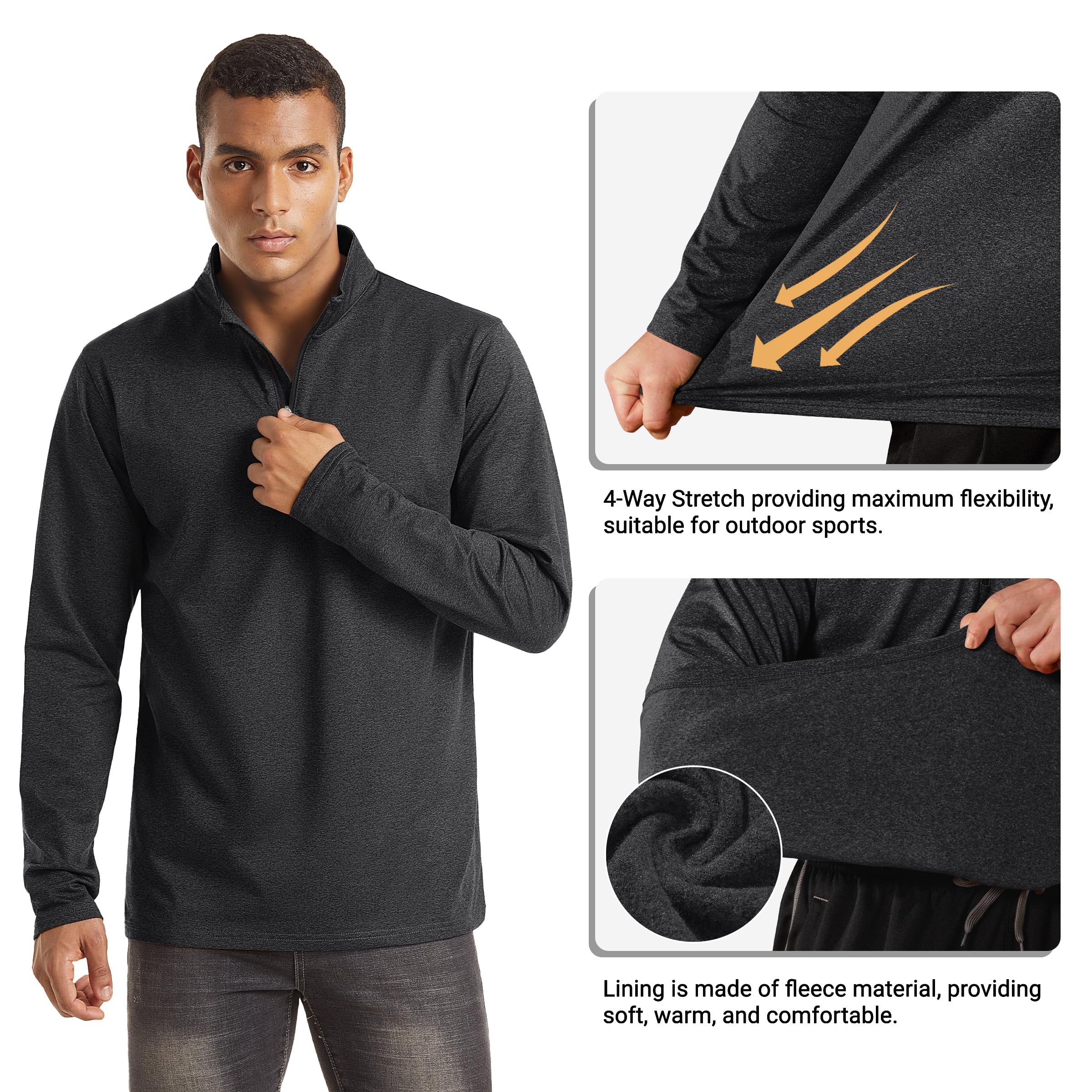 TACVASEN Men's Sports Performance Shirts Long Sleeve Pullover Shirts Tops Zip Up Black Grey, M