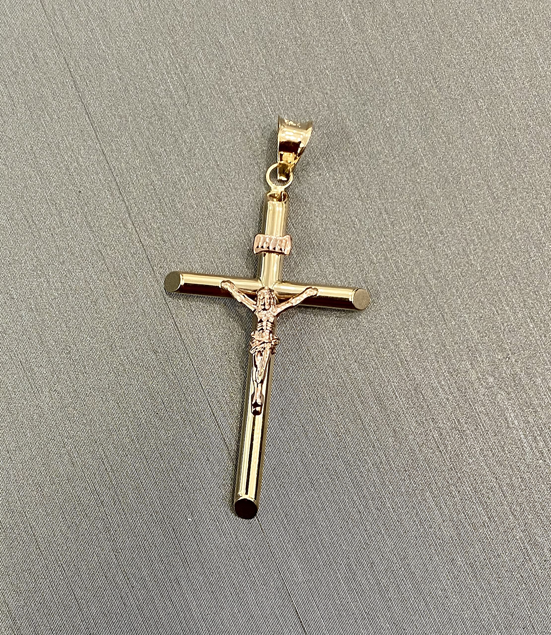 Solid 14K Yellow Rose Gold Crucifix Pendant - 38mm x 24mm Two Tone Jesus Cross Charm Religious Pendant - Suitable for Men & Women - Great Gift for Christmas & All Occasion