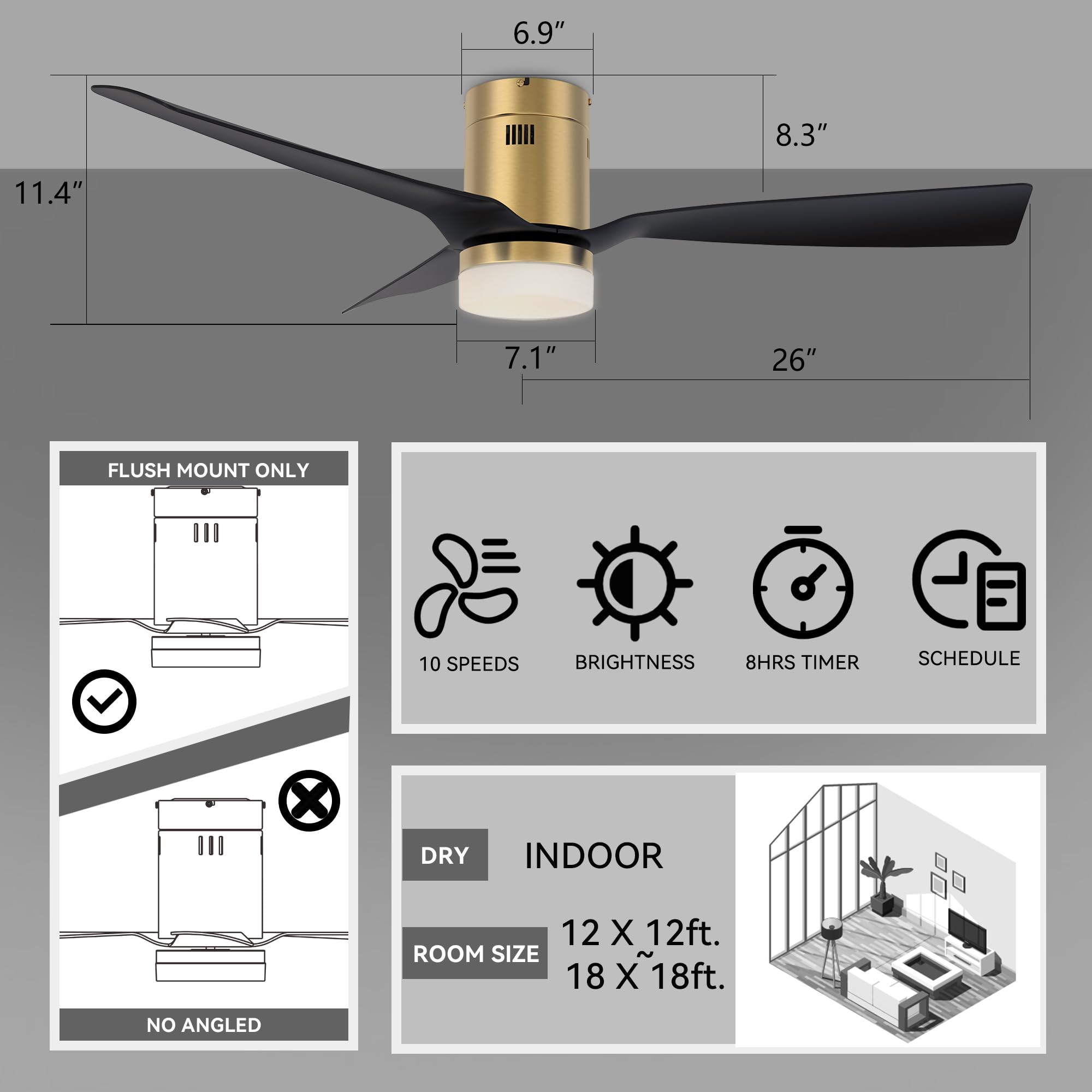 SMAAIR 52 Inch Black Smart Ceiling Fan with Lights and 10-speed DC Motor with Remote Control, Wifi Flush Mount Ceiling Fan App Control Works with Alexa/Google Assistant/SiriShortcut (Bronze/Black)