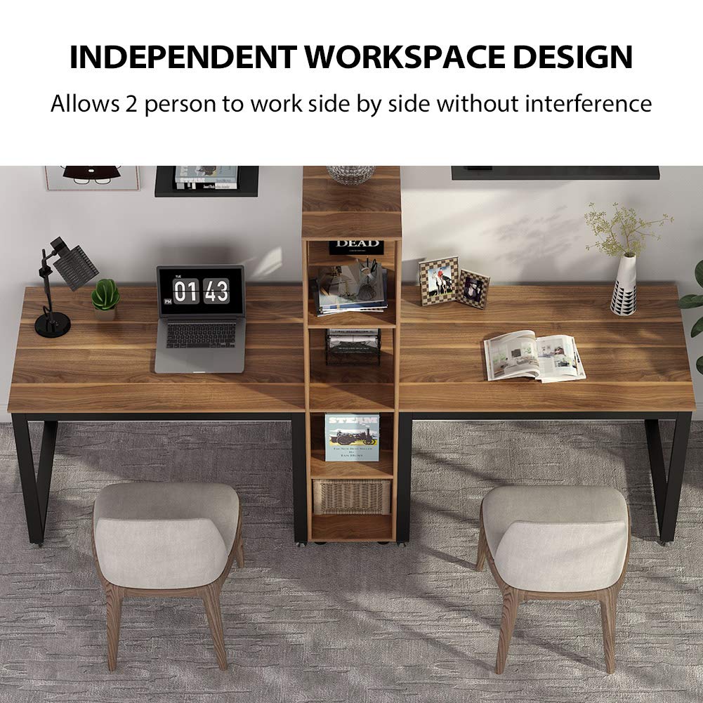 Tribesigns 91 inch Two Person Desk with Storage Shelves, Extra Long Double Desk with Bookshelf, 2 Person Computer Desk Double Workstation Desk for Home Office (Dark Walnut)