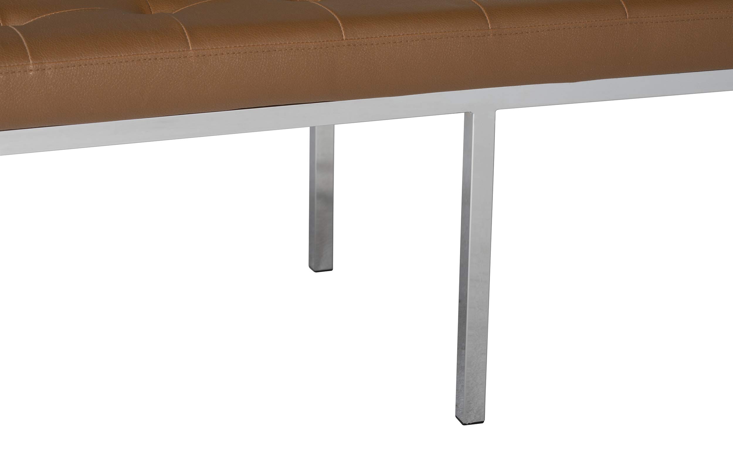 Studio Designs Home 60" Wide Lintel Tufted Bench/Ottoman in Caramel Brown Bonded Leather and Chrome Metal