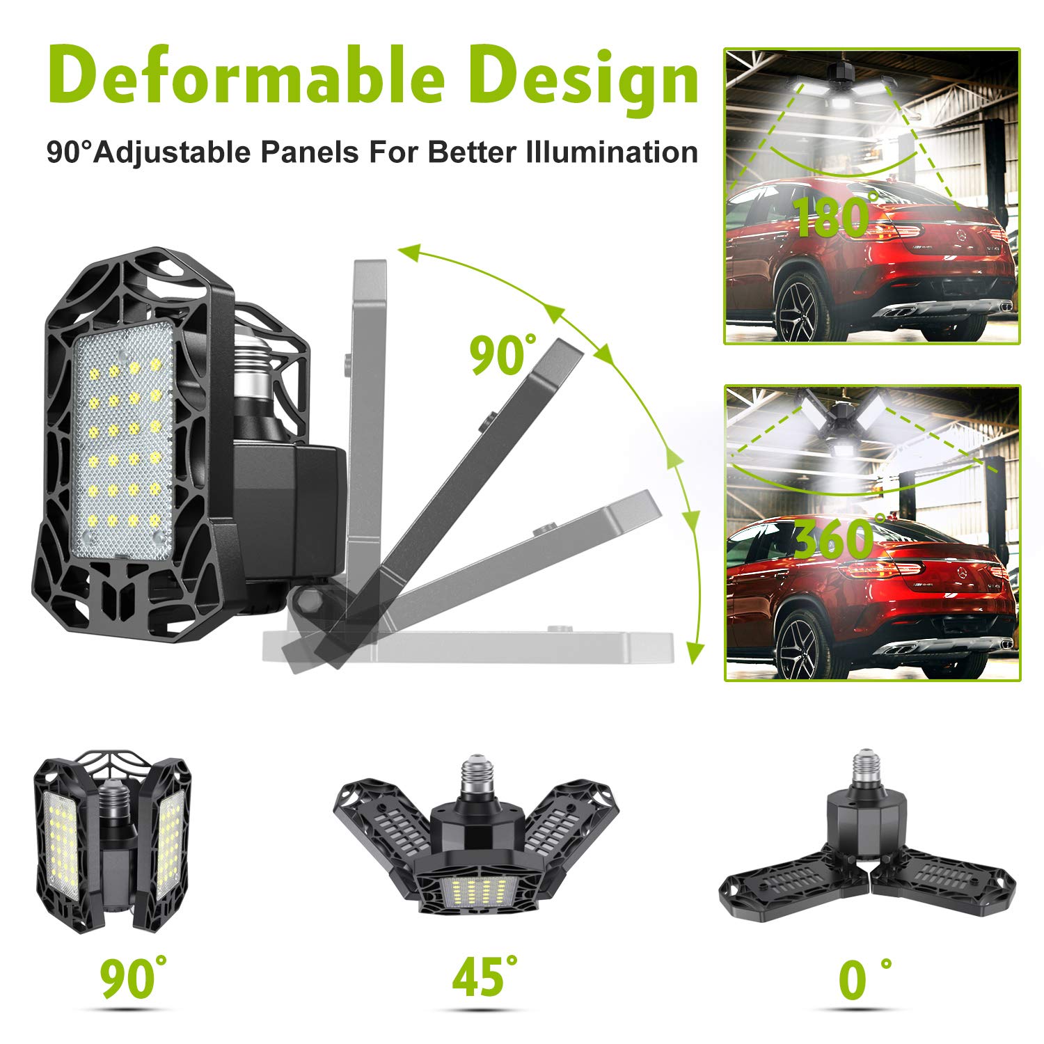 yoelike Led Garage Light 2 Pack, 60W Deformable Led Garage Lights Ceiling, 6000LM Bright Garage Light, 6500K 3 Adjustable Panels Shop Lights for Garage, Workshop, Warehouse, Barn, E26/E27
