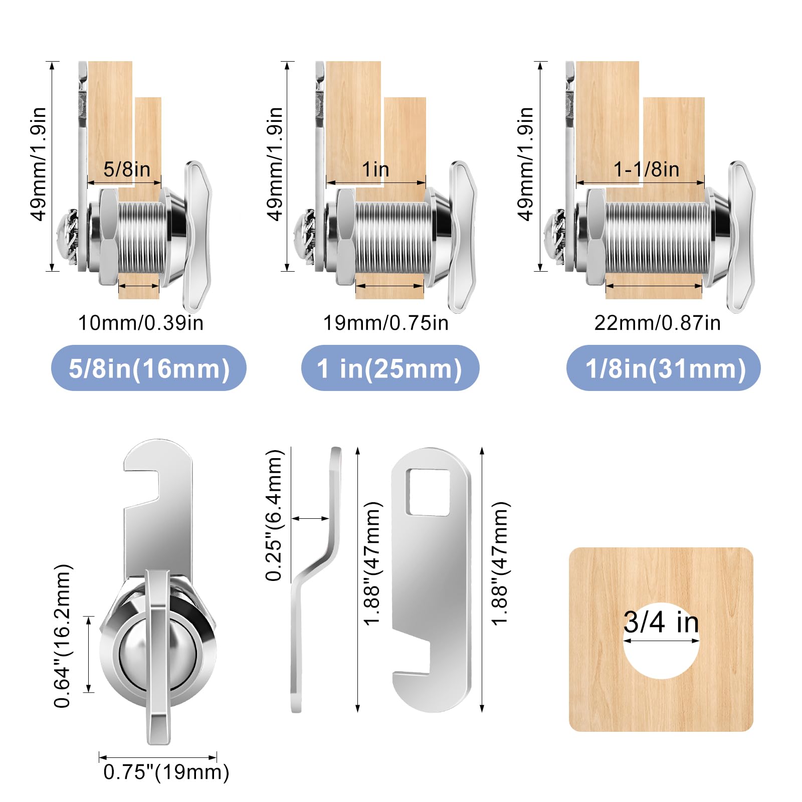 Thumb Operated Offset Cam Lock, 1-1/8β Cylinder Fits on 7/8β Max Door Thickness, Non-Locking Replacement Lock for RV Compartment Camper Storage, Cabinets,Drawers (1-1/8 Inch 6Pack)