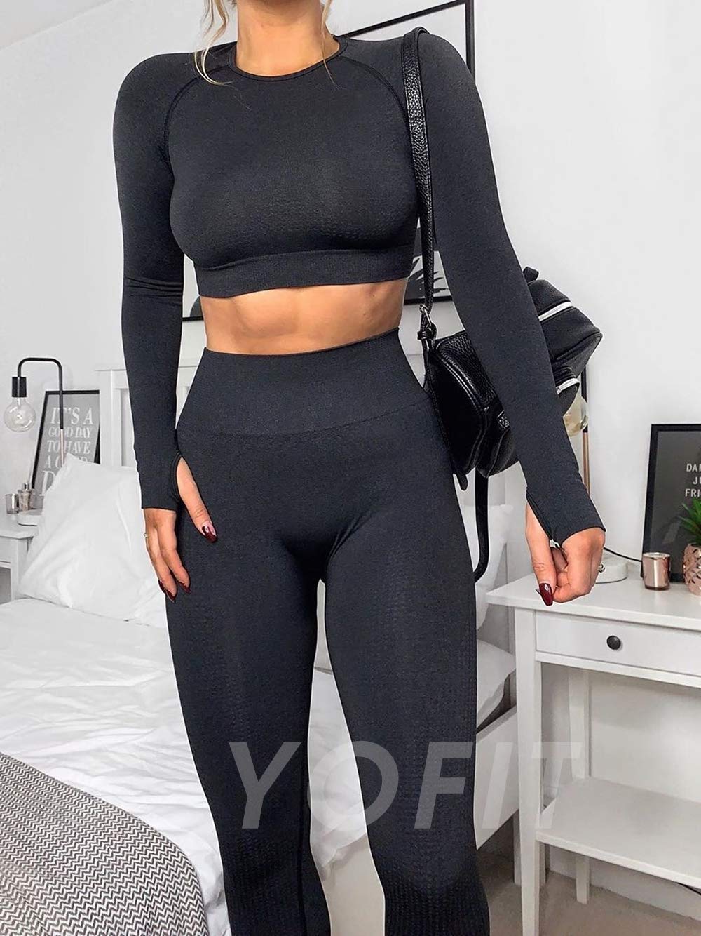 YOFIT Exercise Outfits for Women 2 Pieces Seamless Yoga Outfits Gym Crop Top and Leggings Set Black Tracksuits 2 Piece