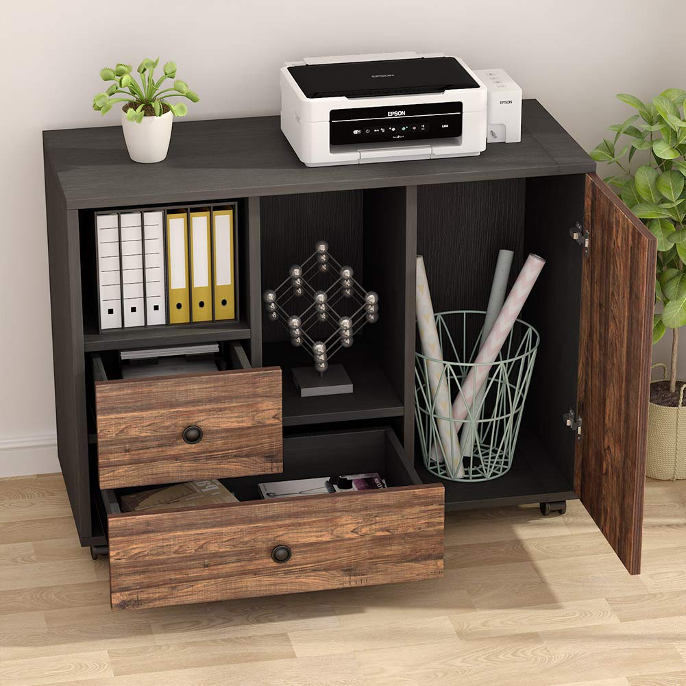 Tribesigns File Cabinet, Lateral Mobile Filing Cabinets with 2 Drawer Large Rolling Printer Stand with Wheels, Open Storage Shelves and Door for Home Office