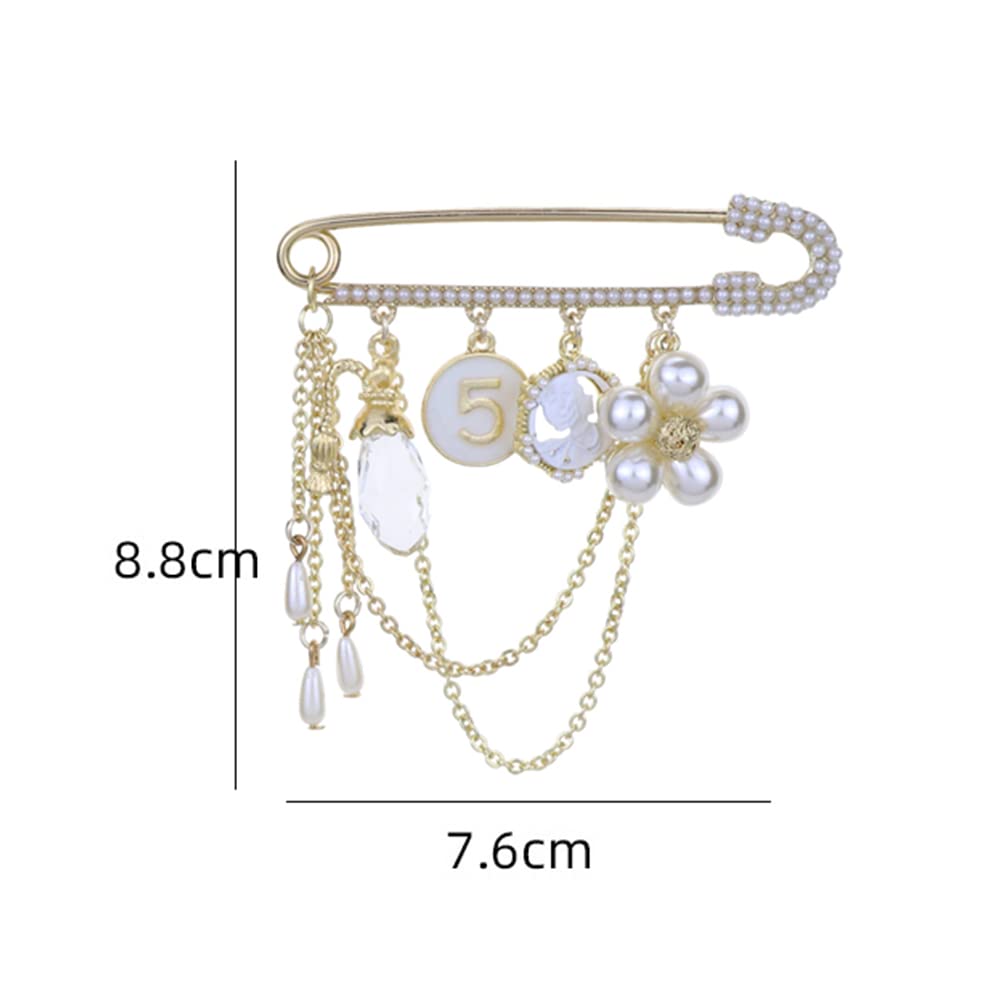 Vintage Imitating Pearl Lucky Number Five Brooch Pin with Hanging Chain Jewelry for Women