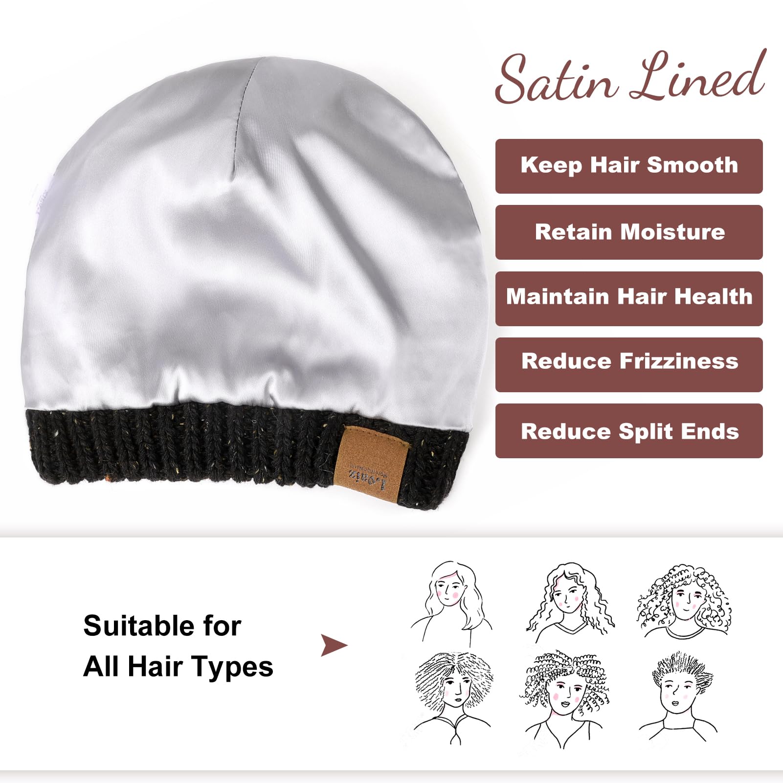 Winter Knitted Satin Lined Hats for Women Slouchy Cable Beanie Silky Soft Washed Warm Hat Black