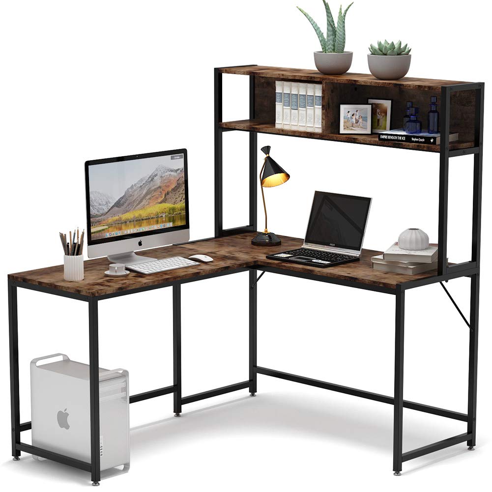 Tribesigns L-Shaped Desk with Hutch,55 Inch Corner Computer Desk Gaming Table Workstation with Storage Shelves Bookshelf for Home Office,Rustic