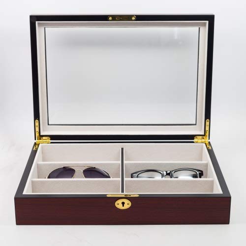 TIMELYBUYS 12 Piece Large Cherry Wood Eyeglass Sunglass Two Level Glasses Display Case with Drawer Storage Box