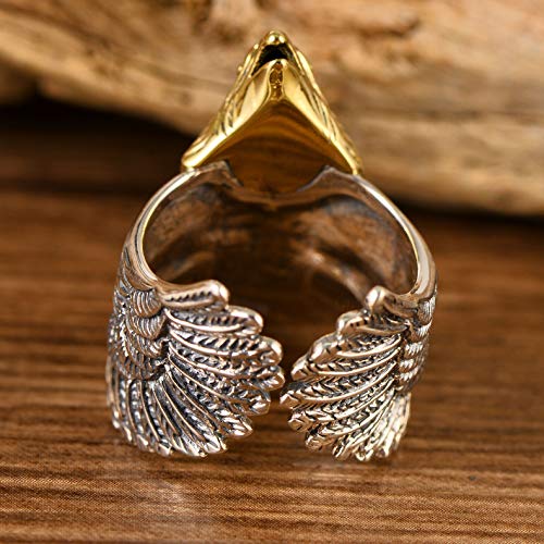 Two Tone Flying Eagle Ring with Golden Head Vintage 925 Sterling Silver Hawk Ring for Men Women Open Adjustable
