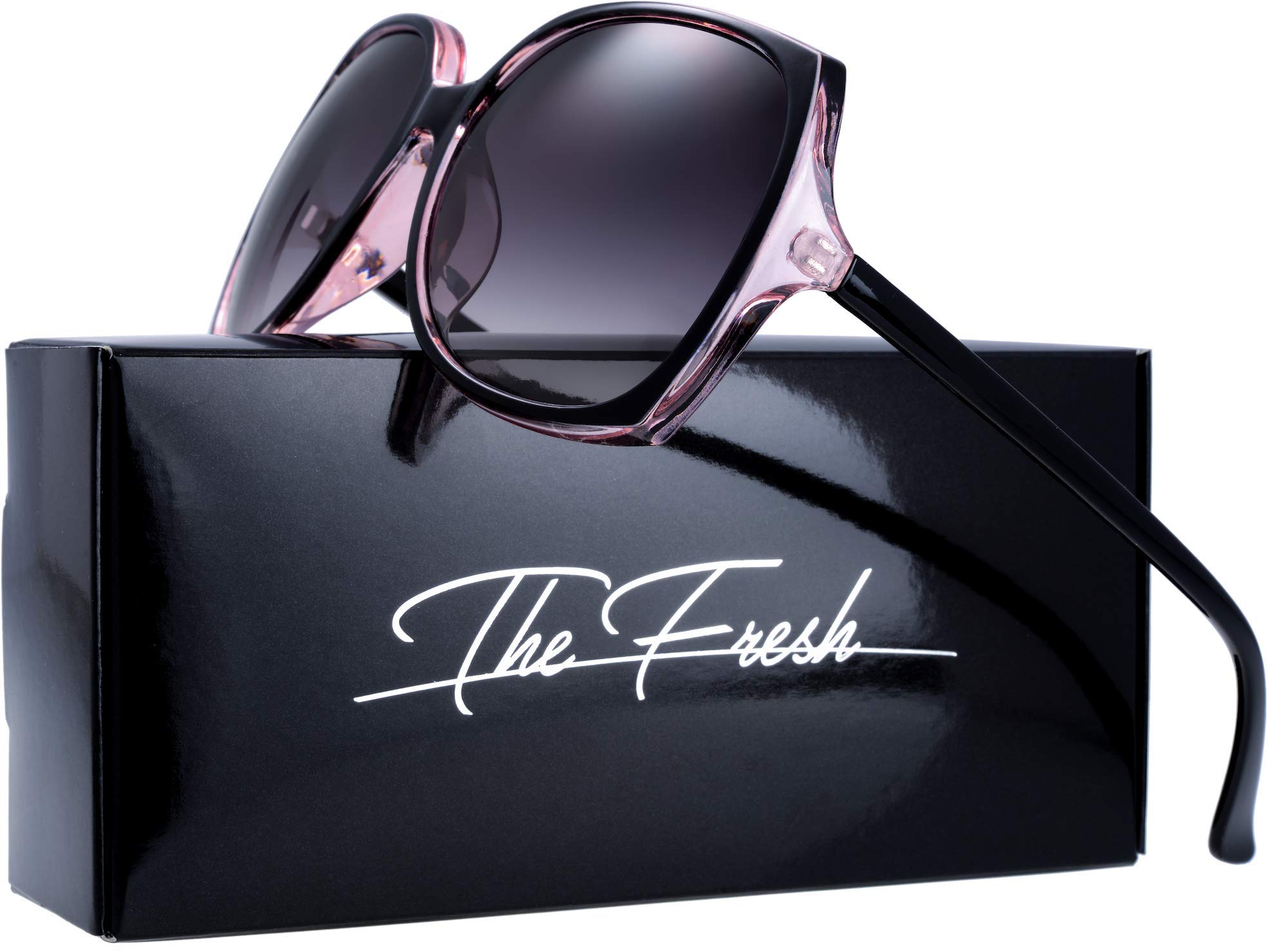 The Fresh Women's Oversized Square Jackie O Cat Eye Hybrid Butterfly Fashion Sunglasses - Exquisite Packaging (727702-Crystal pink/Black paint, Gradient Grey)