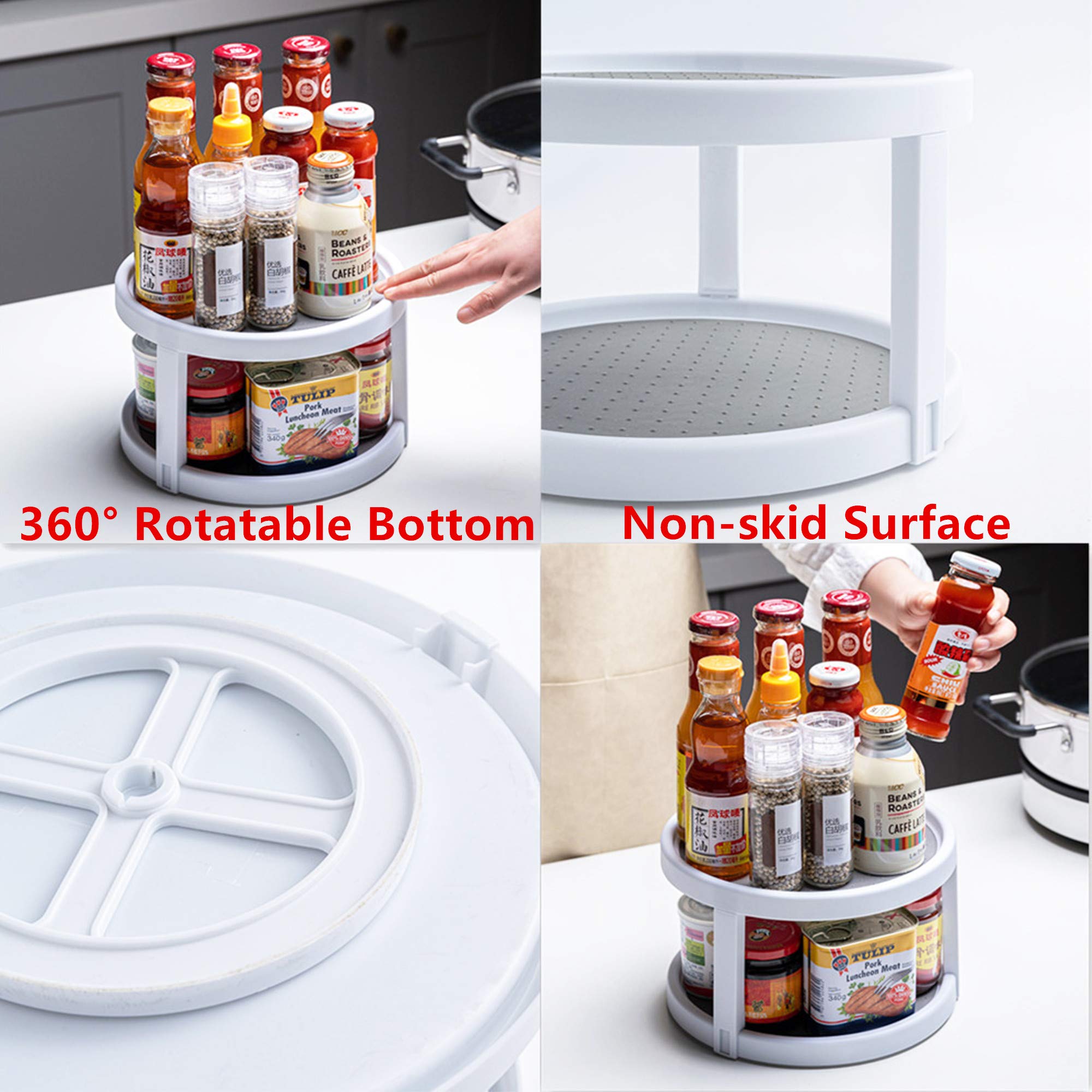YCOCO 2 Tier Lazy Susan Turntable Cabinet Organizer,Non Skid Rotating Spice Rack,Kitchen Spice Organizer for Cabinets,for pantry,Bathroom,kitchen,White Set of 2