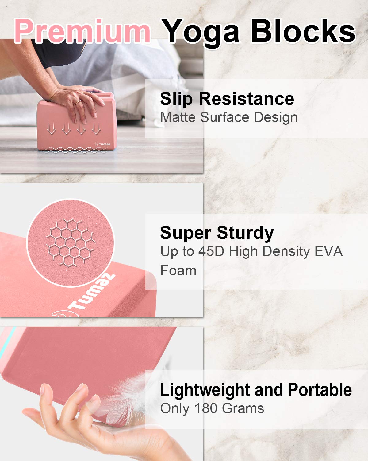 Tumaz Yoga Blocks 2 pack or Yoga Blocks with Strap - Supportive & Non-Slip Surface Exercise Blocks, High Density, Lightweight EVA Foam Yoga Blocks, Yoga Brick for All Yogi