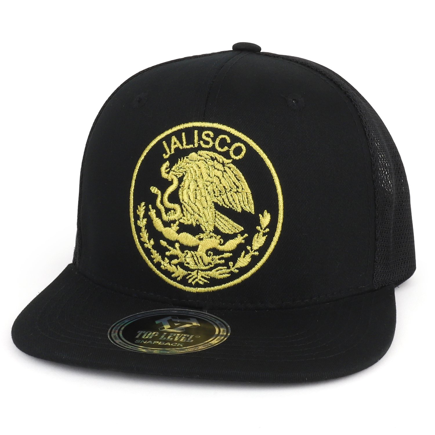 Trendy Apparel Shop City of Mexico Eagle Embroidered Flatbill Trucker Mesh Cap - JALISCO BLACK