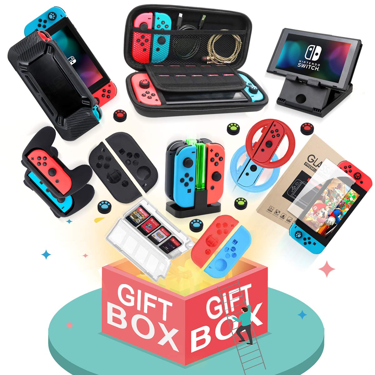 Switch Accessories Bundle, Kit with Carrying Case, Protective Case with Screen Protector, Compact Playstand,Game Case, Joystick Cap, Charging Dock, Grip and Steering Wheel for Nintendo Switch(20-in-1)
