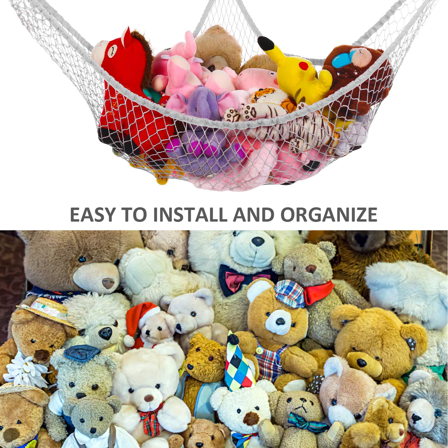 Stuffed Animal Hammock, LinXi Children's Toy Hammock Net Large Durable Mesh Toy Organizer Storage Hanging Wall Corner Nets for Stuffed Animals Grey