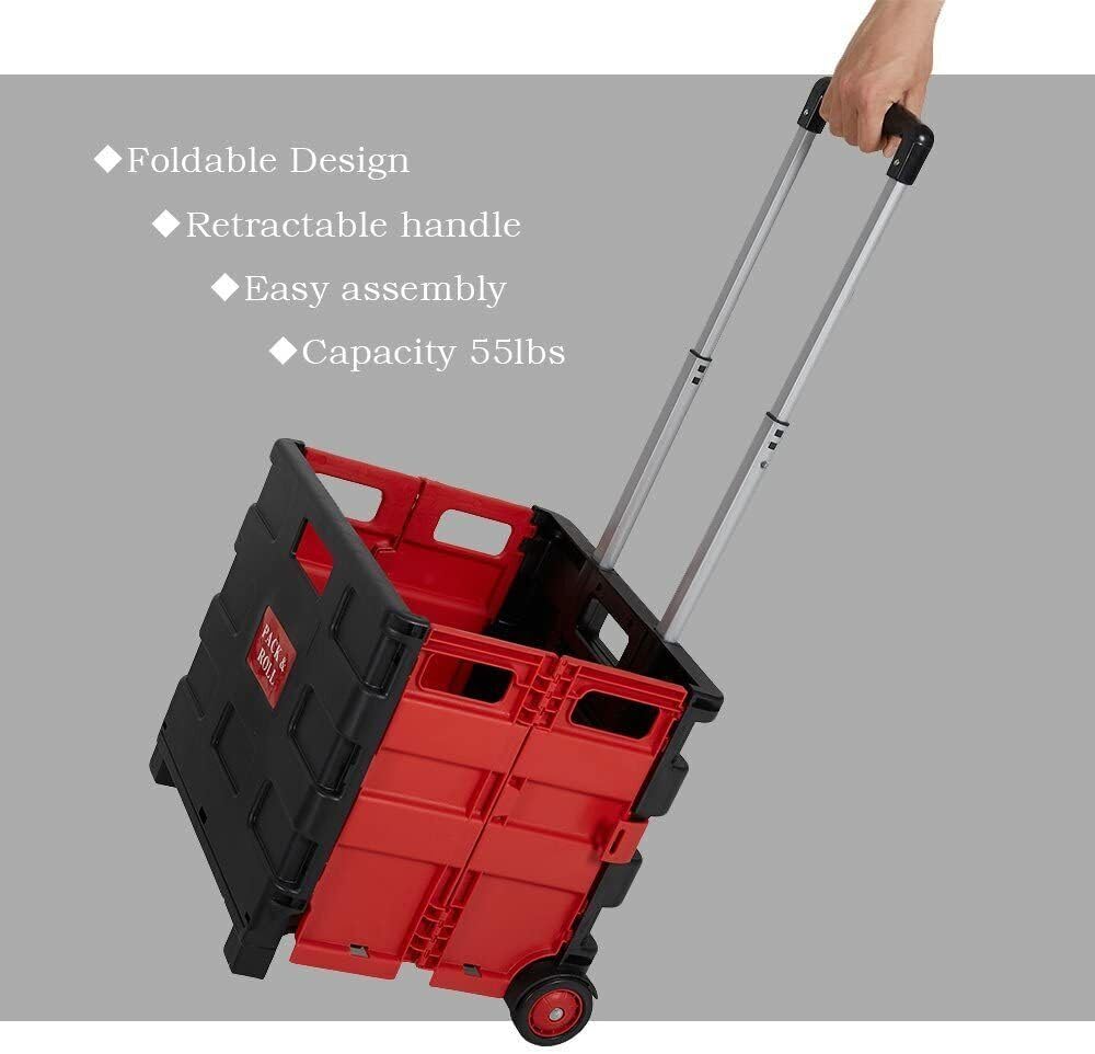 Shopping Cart Folding Basket Utility Cart Plastic Collapsible Trolley Rolling Wheels Utility (Red)