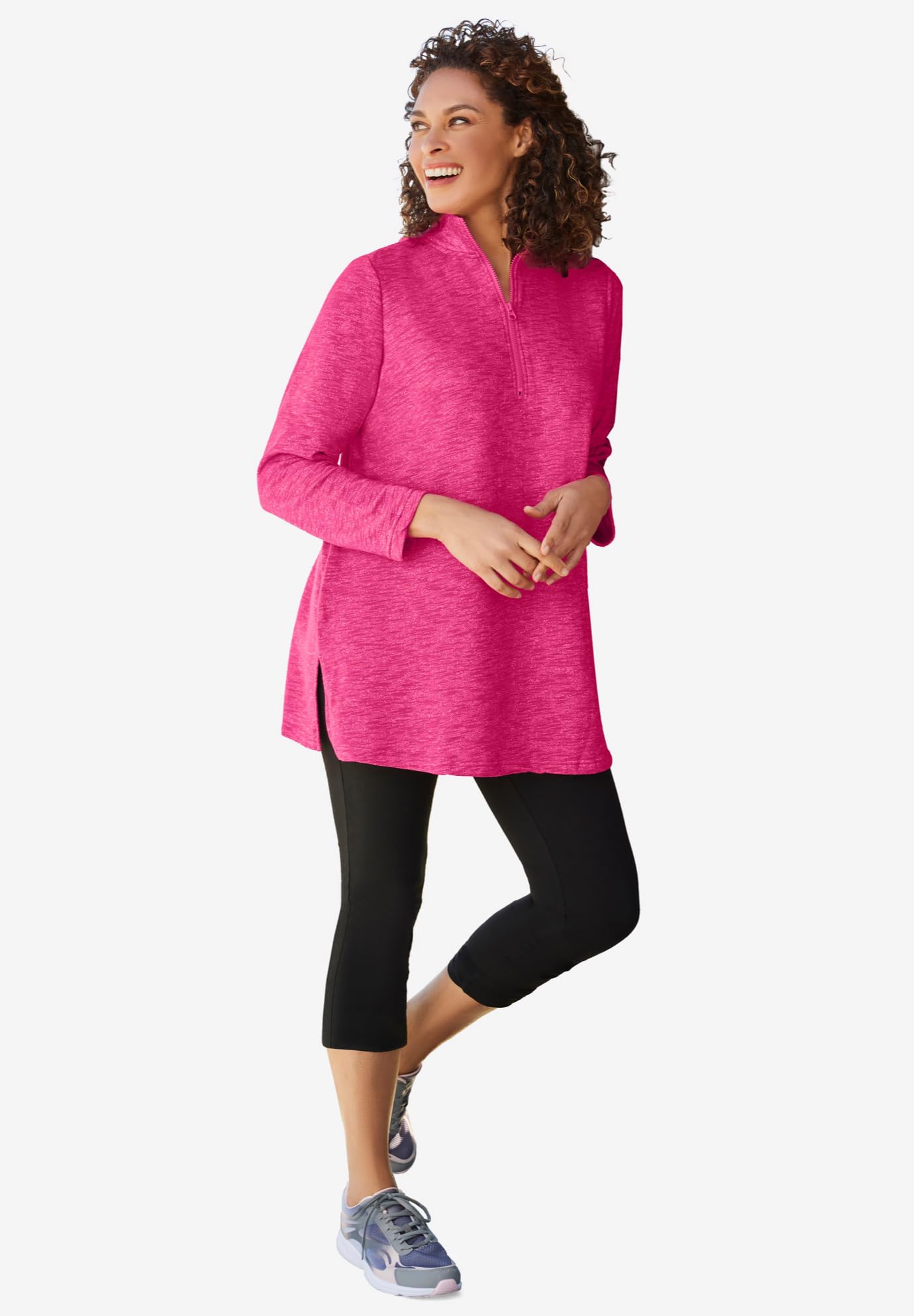 Woman Within Women's Plus Size French Terry Quarter-Zip Sweatshirt - 14/16, Raspberry Sorbet Marled