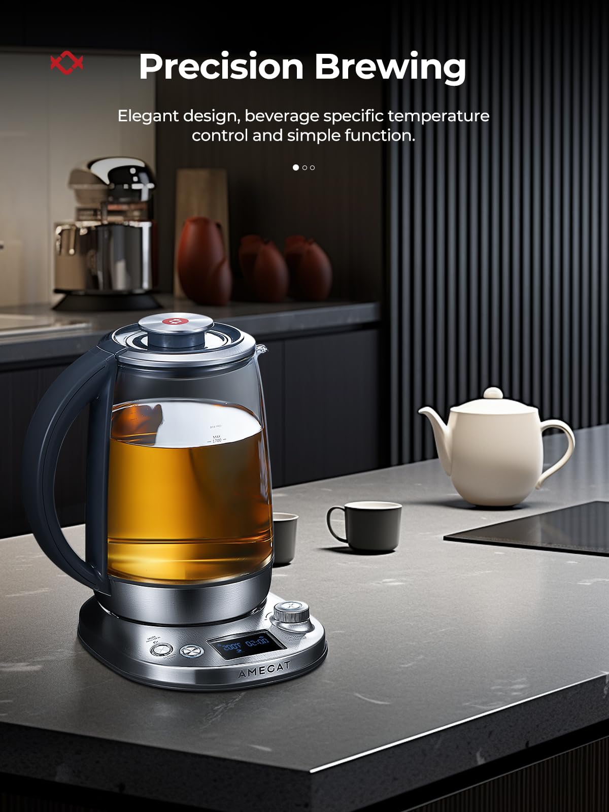 Tea Kettle Electric, AMEGAT Tea Pot with Removable Infuser, 9 Preset Brewing Programs Tea Maker with Temperature Control, 2 Hours Keep Warm, 1.7L Electric Kettles, 1200W, Glass and Stainless Steel