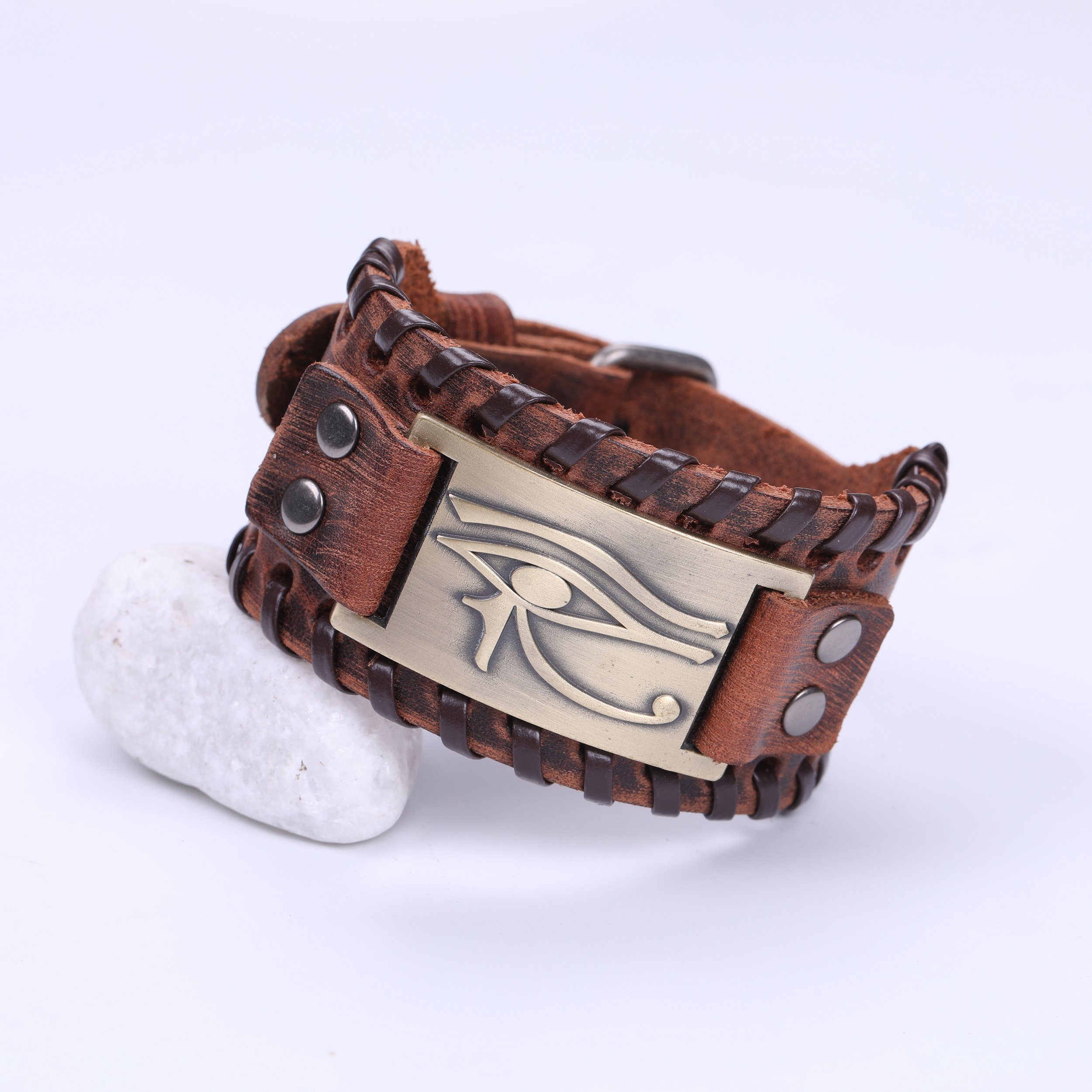 TEAMER Vintage Amulet Eye of Horus Leather Bracelet Cuff Bangle Egyptian Talisman Pagan Jewelry (Antique Copper,Brown)