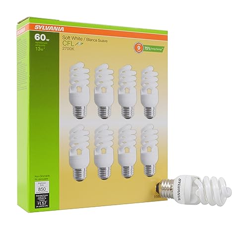 SYLVANIA CFL T2 Twist Light Bulb, 60W Equivalent, Efficient 13W, 850 Lumens, Medium Base, 2700K, Soft White - 8 Pack (26363)