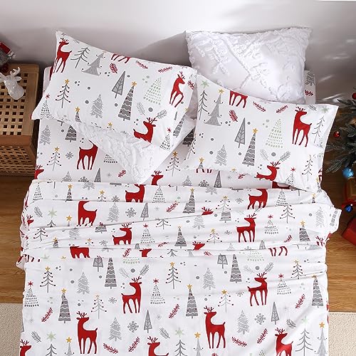 STARBEDIA Christmas Sheets Full, 100% Cotton Flannel Holiday Bed Sheet Set, Deep Pocket Fitted Sheet, Soft Warm Brushed Christmas Sheet (Full Size, Christmas Forest Deer)