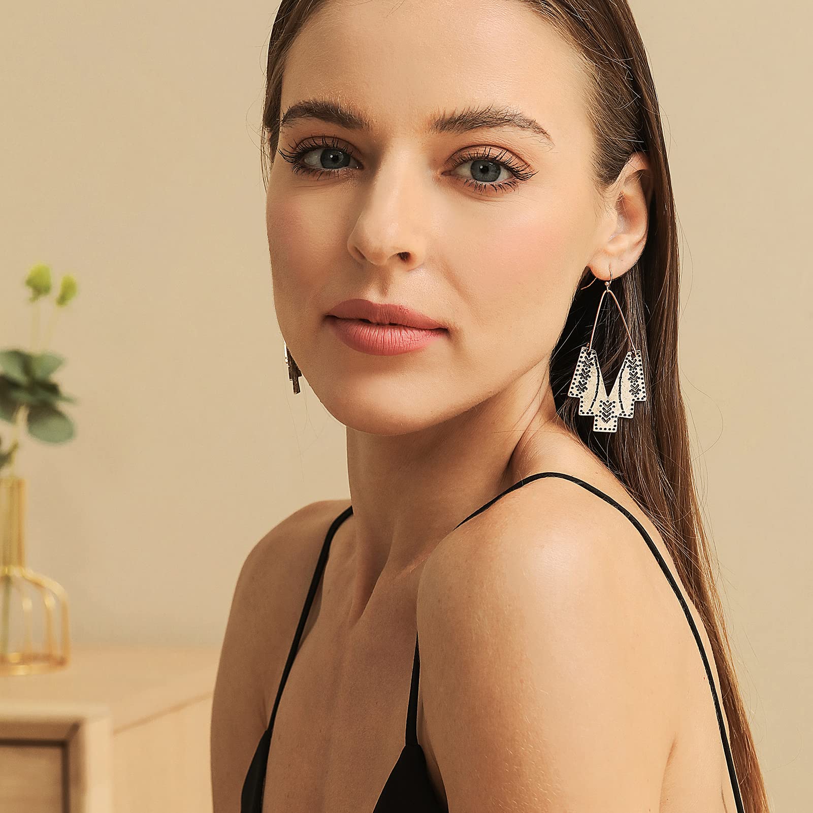 Zealmer Gold Geometric Earrings Statement Vintage Boho Ethnic Earrings Hollow Out Fan Shape Dangle Drop Earrings for Women Birthday Christmas Valentines Day Gift