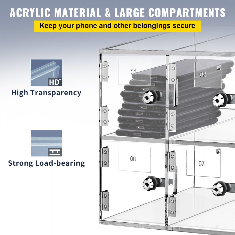 WACTO Acrylic Wall-Mounted Cell Phone Storage Locker with 10 Slots, Door Locks and Keys - Ideal for Office, Classroom, Gym - Clear