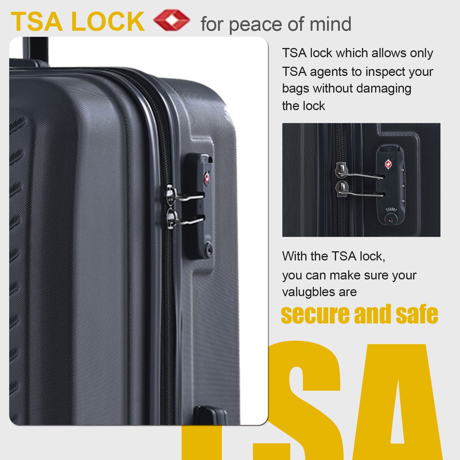 Tripcomp Luggage Sets Wear-Resistance Hardside Lightweight Suitcase Double Spinner Wheels, TSA Lock,Two Hooks, Scratch-resistant Carry-on, 3 Piece Set(20/24/28) (Jet black)