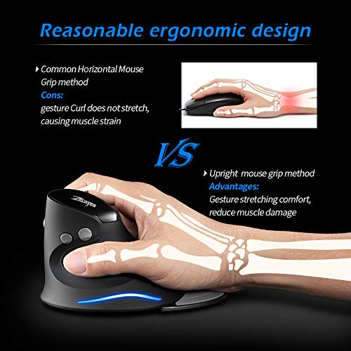 zelotes Wireless Vertical Mouse,2021 Ergonomic Design USB LED Optical Mouse with 6 Buttons and 3 Adjustable Sensitivity 1000/1600/2400 DPI for Computer,Black