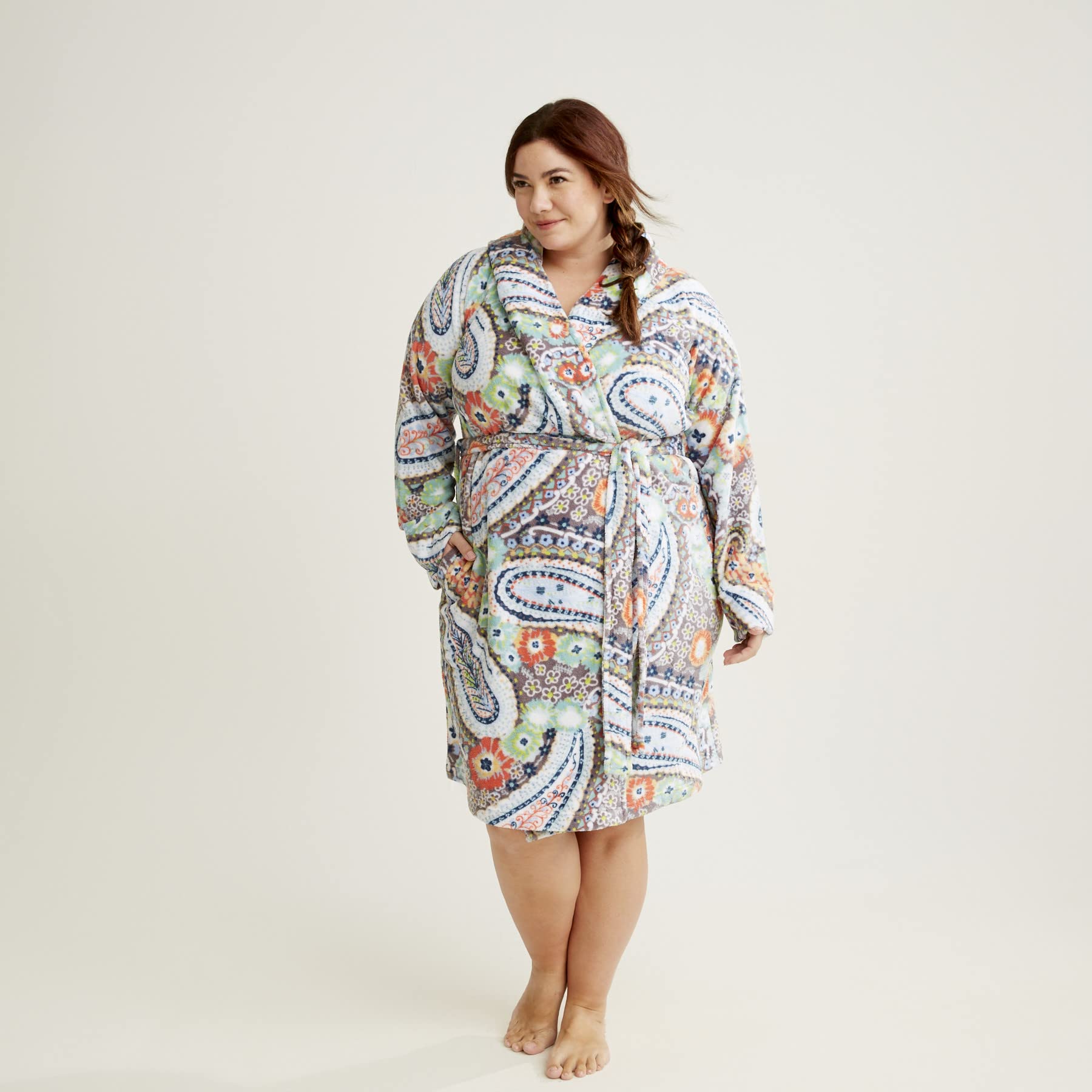 Vera Bradley Women's Lightweight Fleece Robe (Extended Size Range), Citrus Paisley, Large - Extra Large