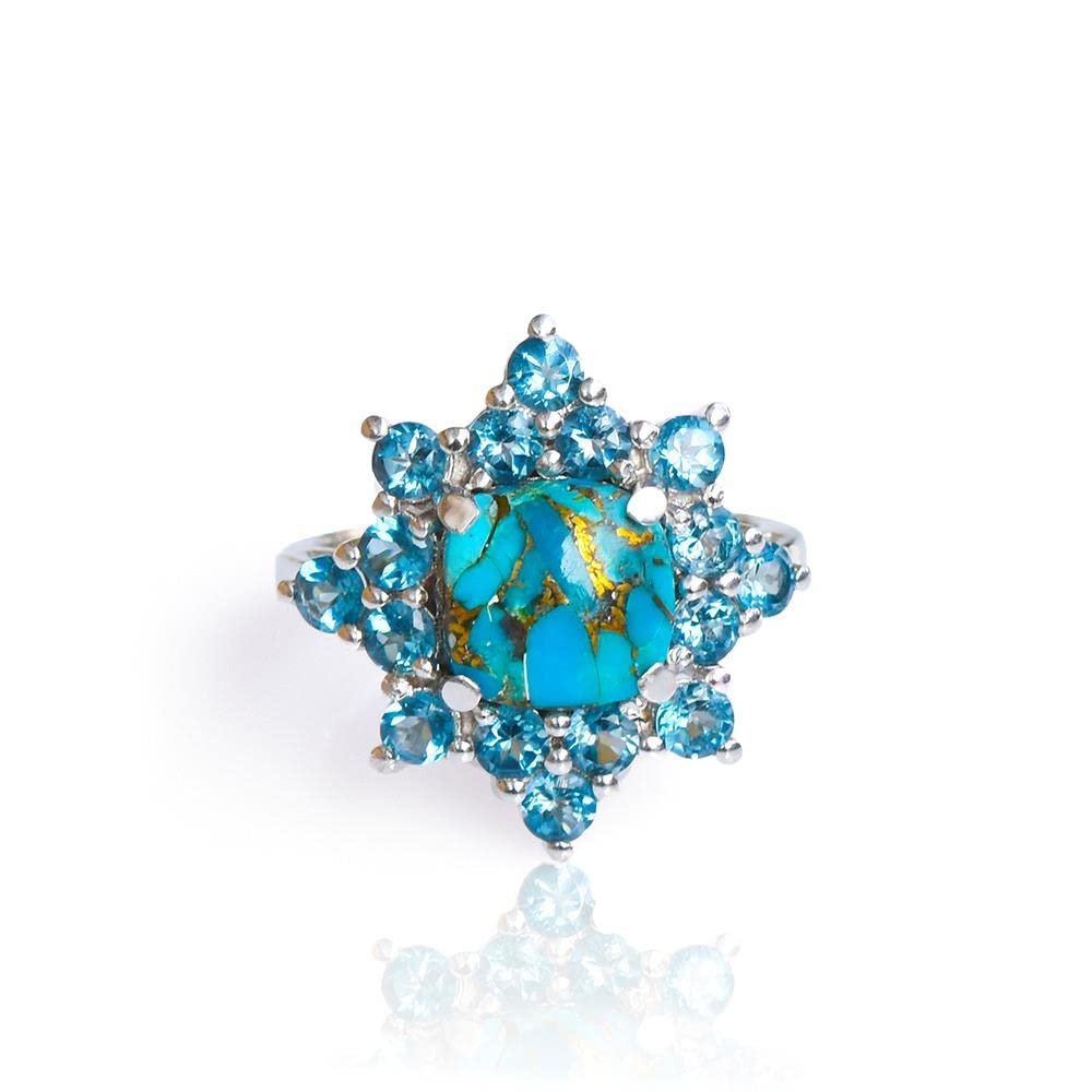 YoTreasure 5.40 ct. t.w. Blue Copper Turquoise 925 Sterling Silver Flower Cluster Ring Jewelry