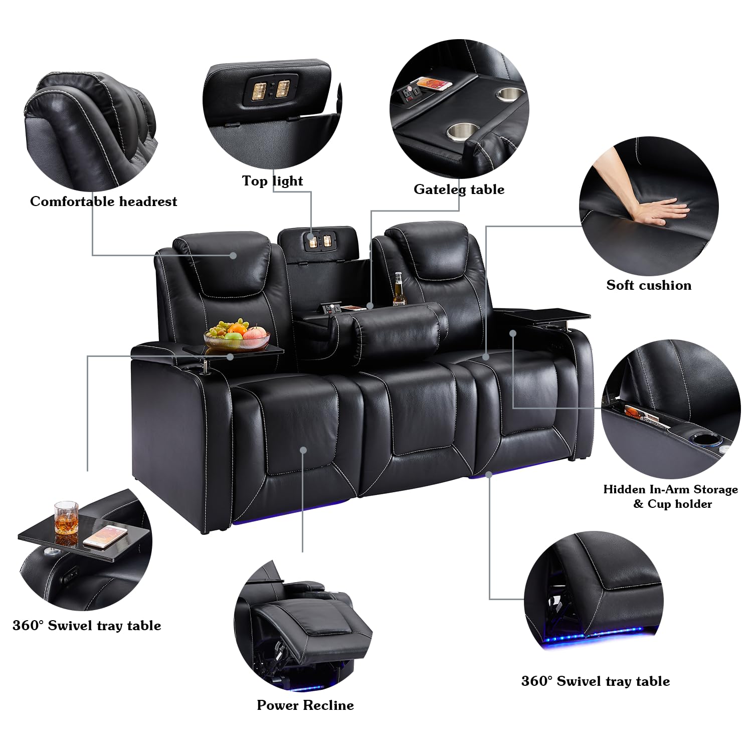 Weilianda Home Theater Seating Leather Moive Sofa Recliner Chair Type-C USB Charge and Wireless Charging Arm Storage with Tray Table - Black